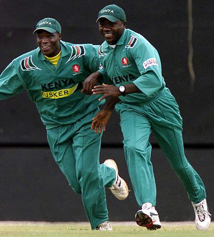 Steve Tikolo and Kennedy Otieno sprint forward in joy as a Pakistani ...