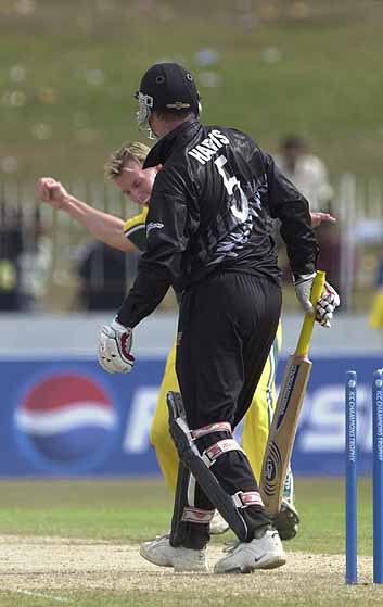 Brett Lee signals the departure of the bowled Harris | ESPNcricinfo.com