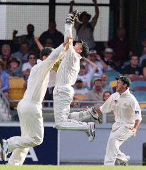 Gilchrist jumps in the air in joy after dismissing Lara | ESPNcricinfo.com
