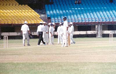 Goan players celebrate the dismissal of RamPrakash out for nought ...