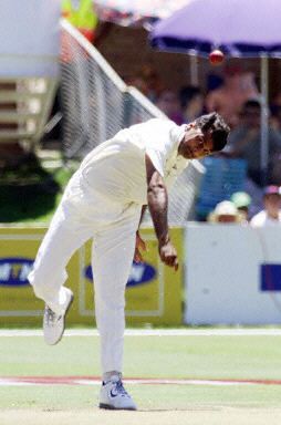 Indian pace bowler Srinath bowling in his 6 wicket innings ...