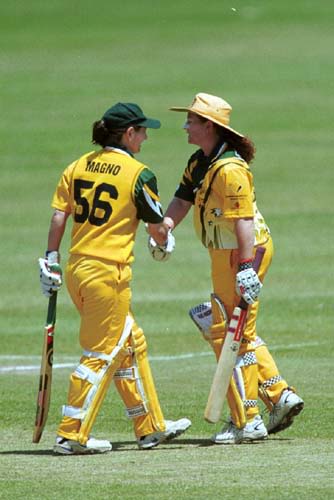Olivia Magno congratulates Karen Rolton on her 150 | ESPNcricinfo.com