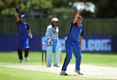 Clare Taylor appeals successfully for the wicket of Kala for 2 runs ...