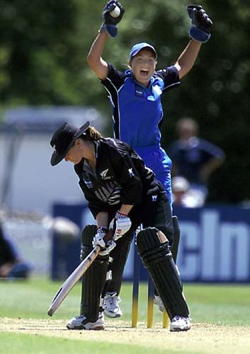 Emily Drumm is caught behind by England Wicket keeper Jane Cassar off ...