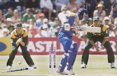 Jayasuriya looses his offstump to the delight of the South Africans | ESPNcricinfo.com