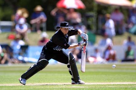 New Zealand's captain and number 3 batsman Emily Drumm pushes into the ...