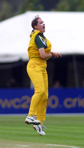 Australian bowler Therese McGregor celebrates the wicket of New Zealand ...