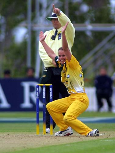 Australian bowler Avril Fahey celebrates the lbw decision by umpire ...