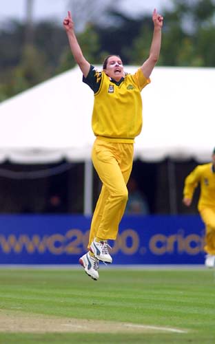 Australian bowler Therese McGregor celebrates the wicket of New ...