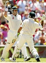 Matthew Hayden and Ricky Ponting celebrate after scoring the winning ...